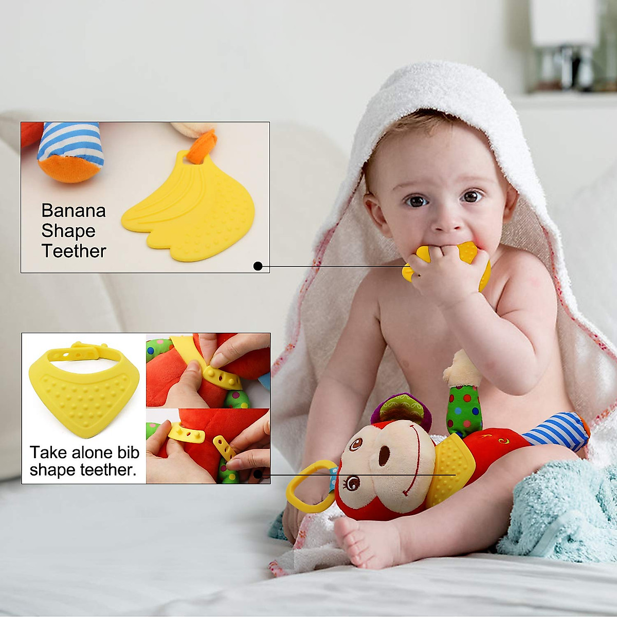 MARUMINE Baby Crib Stroller Hanging Rattle Toy with Teether, Car Seat Toys for 0-12 Months Infant (Monkey)