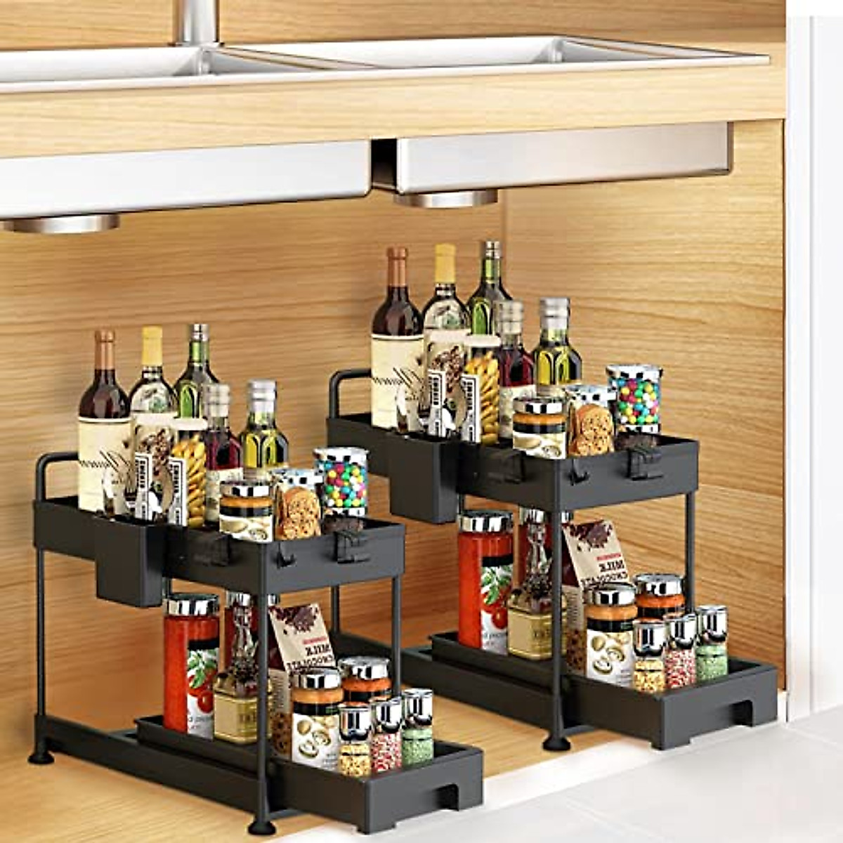 SAMODRA Under Sink Organizers and Storage, Kitchen Cabinet Storage 2 Tier Drawer Pull-able Basket Organizer Bathroom Storage Rack with Hooks, DIY Removable Dividers (Black-2 Pack)