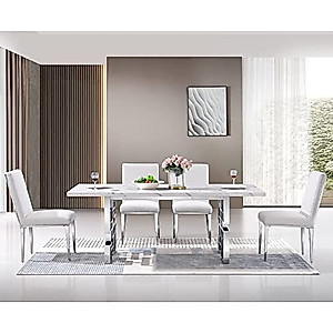 AZhome Modern Dining Table, 78 inches Rectangular Dining Room Table for 6, White Rectangle Tabletop with Silver Mirror Stainless Steel Geometric Base