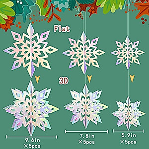 Christmas Hanging Snowflakes Decorations 15 Pack 3D Iridescent Paper Snowflakes Rainbow Snow Flakes Garland for Winter Wonderland Holiday Frozen Christmas Birthday Party Decorations Supplies