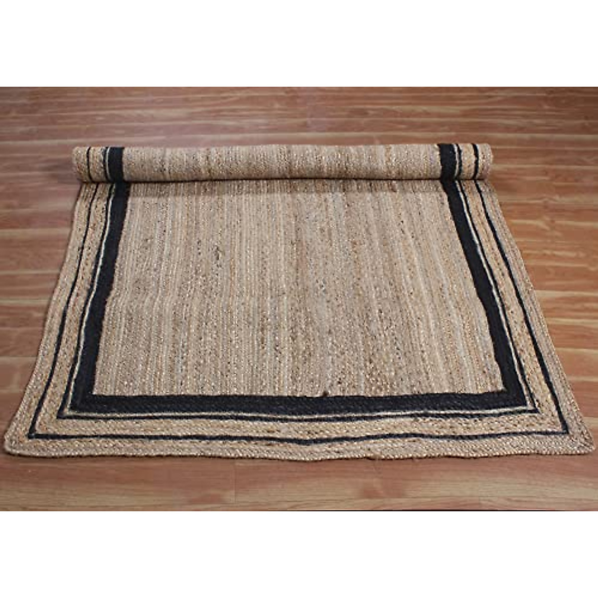 Casavani Indian Hand Braided Rag Rug Geometric Beige & Black Jute Area Rug Hallway Enterway Rugs For Farmhouse,Bedroom,Dining Room & Kitchen 4x6 6x8 4x10 Feet Runner