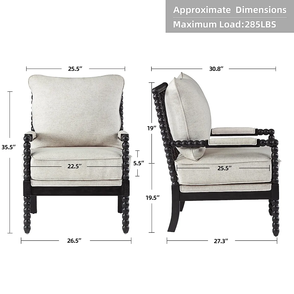 DUHOME Linen Fabric Spindle Accent Chair with Wood Frame,Bobbin Chair with High Resilience Spring Cushion and Armrest Pads, Leisure Armchair for Living Room Bedroom Farmhouse Home Office Belcony