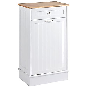 KIGOTY Tilt Out Trash Can Cabinet, Free Standing Kitchen Garbage Bin Holder with Hideaway Drawer and Countertop, Wooden Pet-Proof Recycling Trash Cabinet Laundry Hamper, White