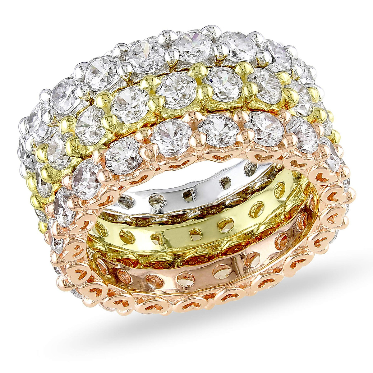 Abbie+Cleo 10 4/5 CT TGW Women's Cubic Zirconia Ring - Anillo de Mujer - 925 Sterling Silver - 3 tone Rose, Yellow and White Plated Sterling Silver - Eternity Band (Round Shape - Size 9)