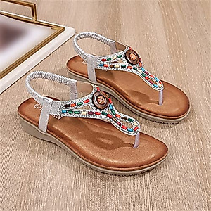 Thong Sandals for Women Beach,Bohemia Flat Sandals T-Strap Summer Beach Beaded Elastic Flip-Flop Thong Shoes (Silver, 8)
