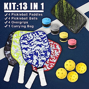 INSUM Camouflage Graphite Fiberglass Pickleball Paddles - Set of 4 Lightweight Paddles,4 Pickleball Balls,4 Overgrips with Cover Bag Pickleball Multiple Colors for Beginner