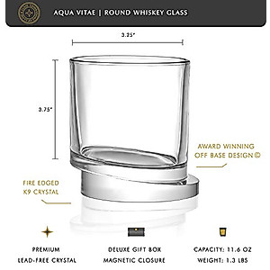 JoyJolt Aqua Vitae Whiskey Glass Set of 2. Round Whiskey Glasses with Off Set Base. Old Fashioned Rocks Glasses for Scotch and Bourbon. Unique Whiskey Tumbler Gifts for Men