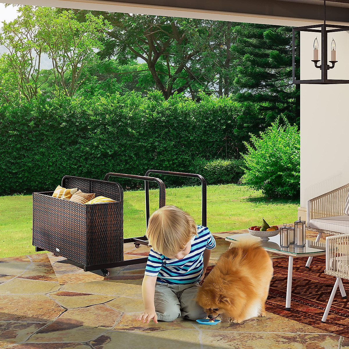 YITAHOME Outdoor Wicker Patio Poolside Float Storage, PE Rattan Rolling Pool Float Caddy for cushions, Floaties, Noodles, Life Vests, Beach Balls, Toys, Patio Furniture (Brown)