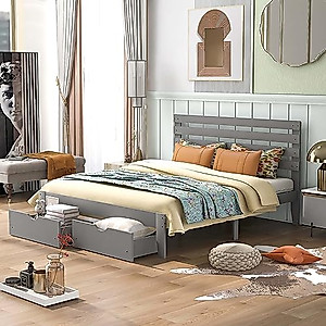 DUNTRKDU Queen Size Pine Platform Bed Frame with 2 Storage Drawer, Modern Classic Platform Bed with Headboard/Wood Slats Support/Easy Assemble for Bedroom Apartment Girls Boys Teens (Gray, Queen)