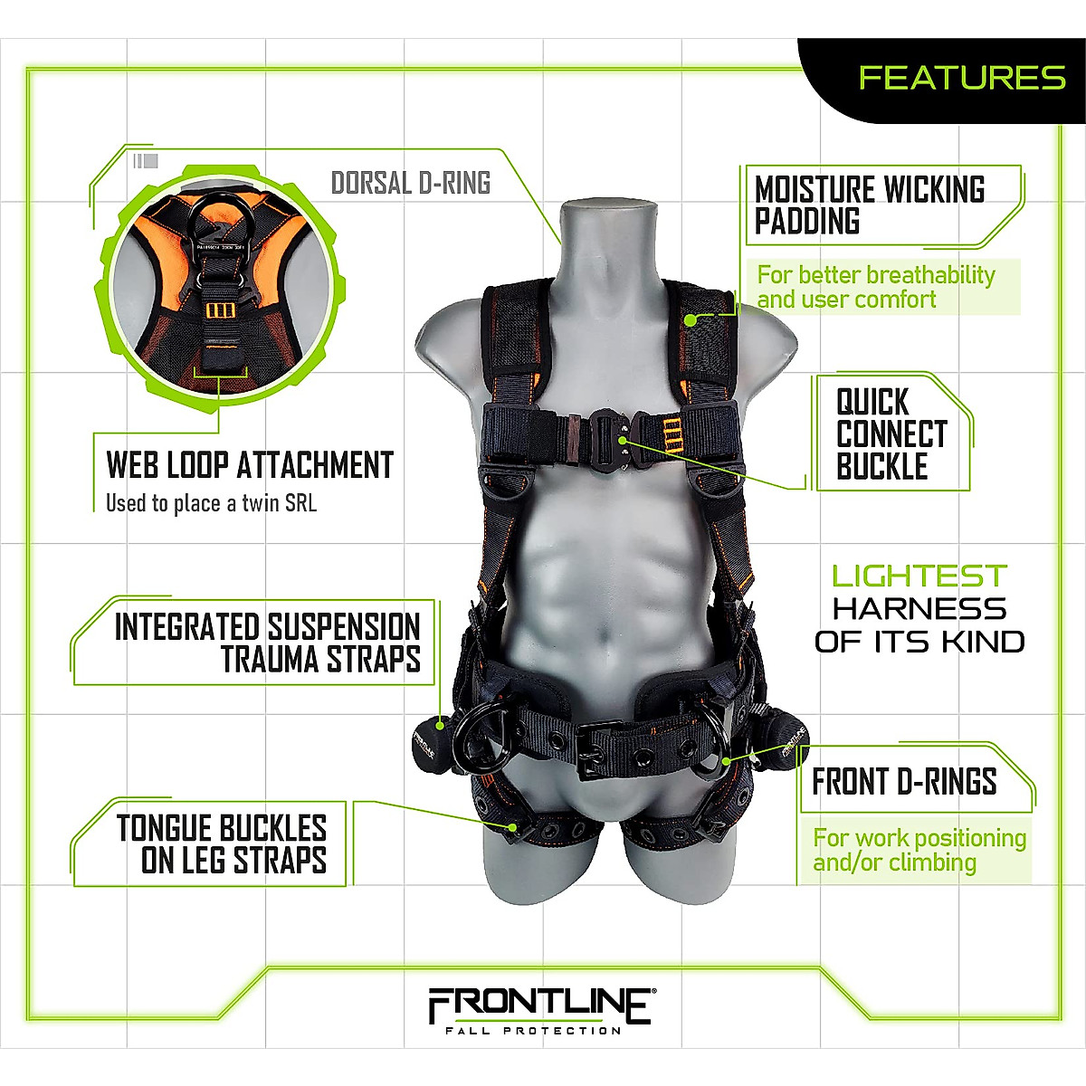 Frontline 110CTB Combat™ Lite Full Body Harness all Aluminum | Hardware Trauma Straps | OSHA and ANSI Compliant (Size: M-L)