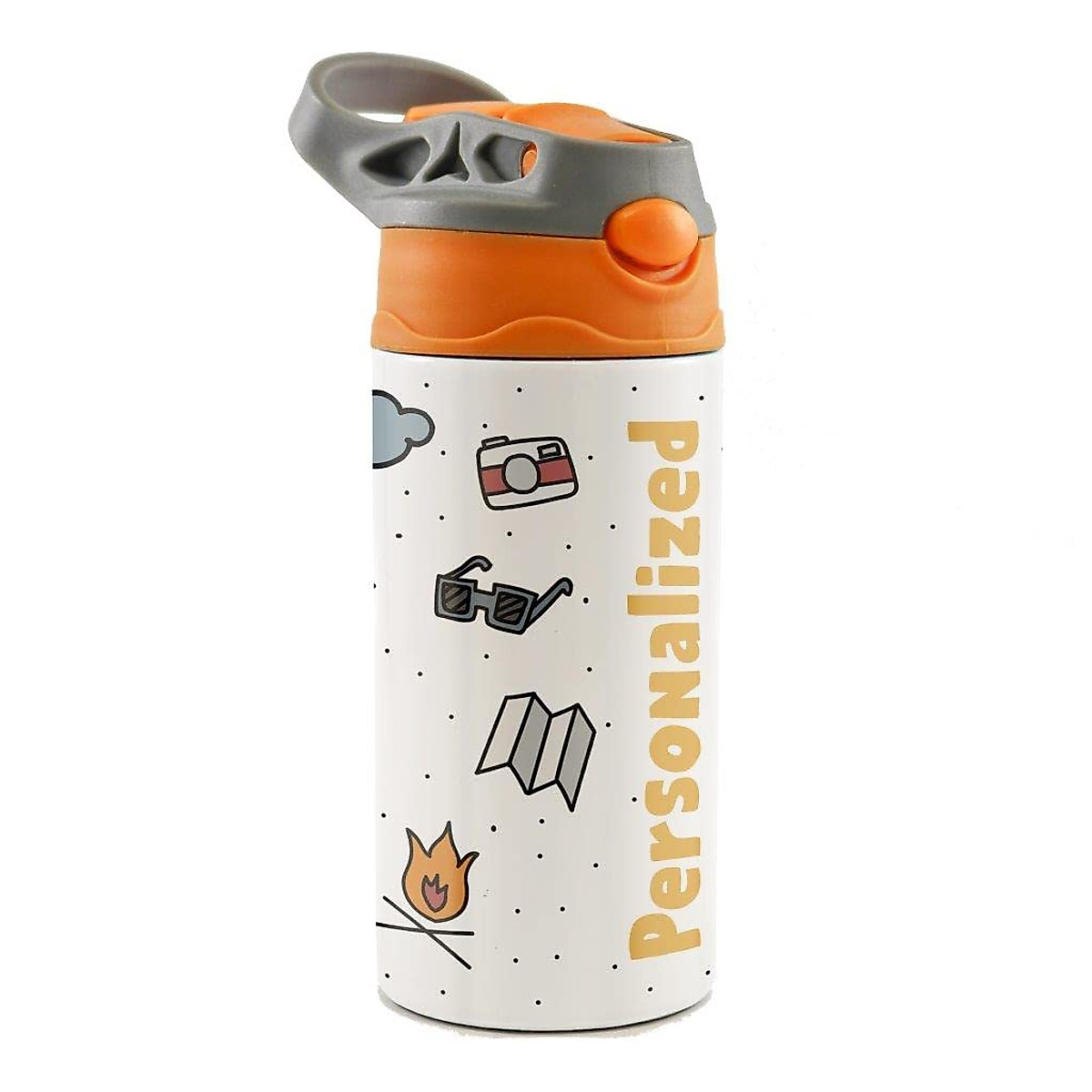 Camping Adventure – Orange and Grey – 12 oz Kids Water Bottle with Pop Up Silicone Straw - Personalize with Name – Double Wall Stainless Steel Insulation – Keep Beverage Temperature for Up To 8 Hours