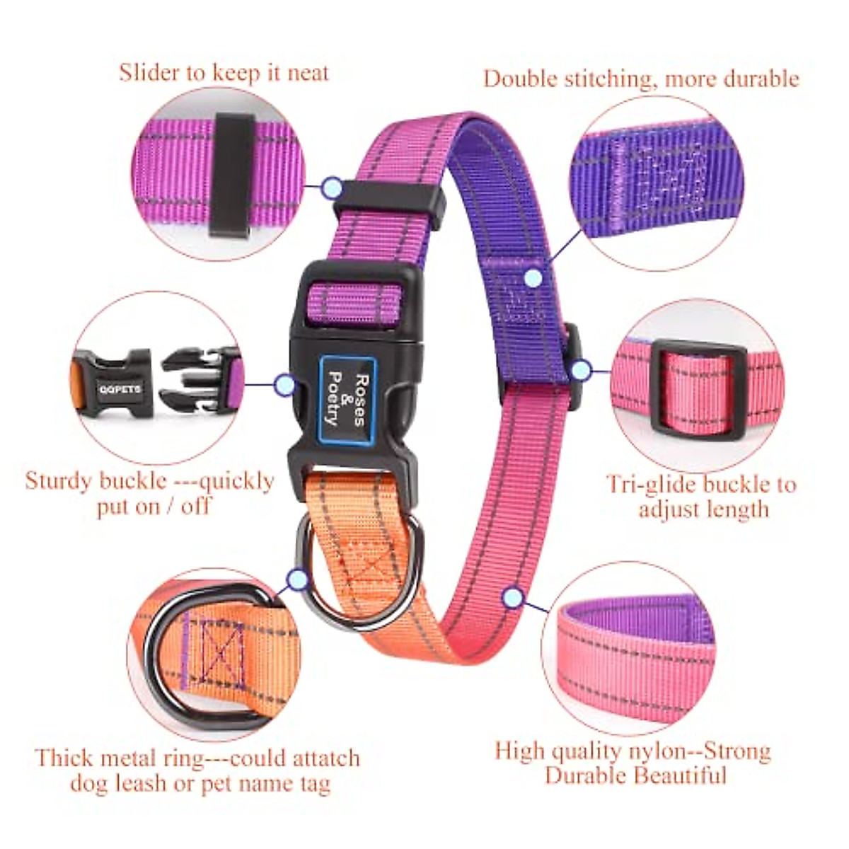 Roses&Poetry Reflective Dog Collar with Gradient Mistyrose,Adjustable Durable Pet Collars for Small Medium Large Dogs （Mistyrose-XS