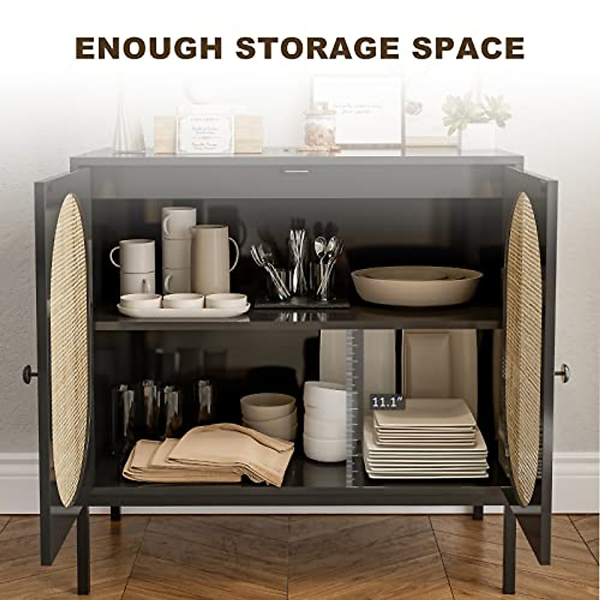 IKIFLY Set of 2 Accent Storage Cabinet with Handmade Natural Rattan Doors - Rattan Sideboard Buffet Cabinet - Kitchen Cupboard Server Console Table for Dining Room, Bedroom, Hallway - Black