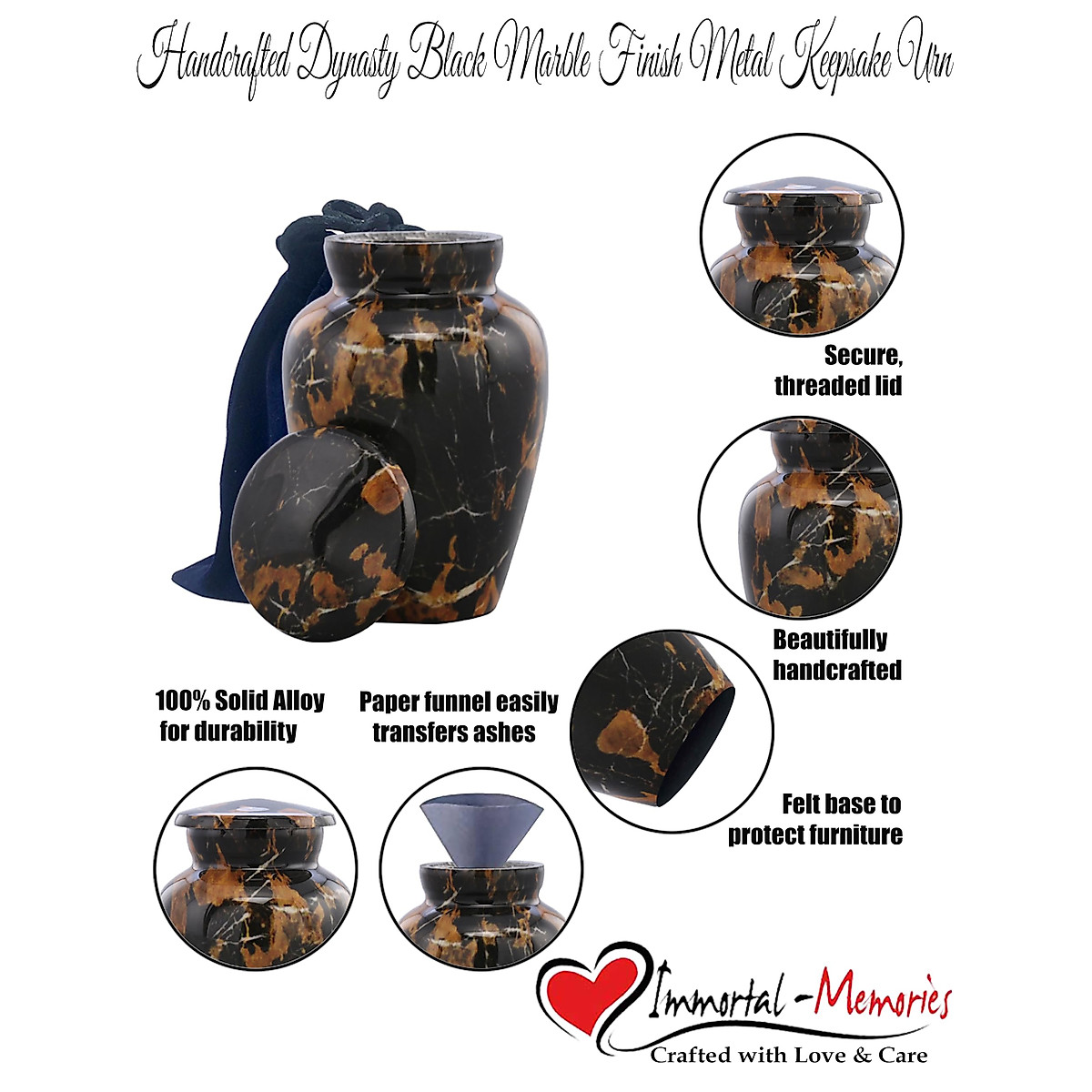 Marble Finish Metal Keepsake Urn - Mini Cremation Urn for Human or Pet Ashes - Token Urn - Sharing Memorial Urn with Velvet Bag (Dynasty Black)