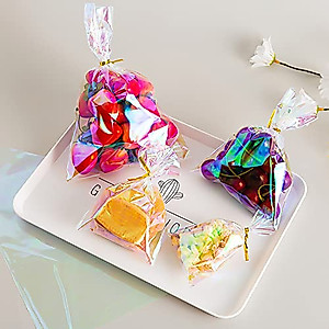 Morepack Easter Iridescent Holographic Cellophane Treat Bags,4x6 Inch Party Favor Cookie Bags with 5 Colors Twist Ties for Baby Showers Weddings Birthday Party,100Pcs