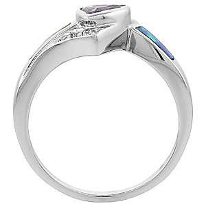Sterling Silver Blue Synthetic Opal Trillion Cut Ring for Women Amethyst CZ Center 7/16 inch size 6