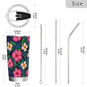 Summer Plumeria Hibiscus Palm Leaf Stainless Steel cups with lids with Lid and Straw coffee mugs with lids for Home, Office or Car safe tumbler with lid and straw 20 OZ