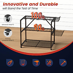 Keeswin Garden Tool Organizer with Wheels, 3 Tier Large Garage Tool Storage Organizer,Up to 50 Long-Handled Tools, 4 Drills Holder with 10 Hooks, 10 for Screwdrivers, Large (31.5''D x 25" W x 16" H)