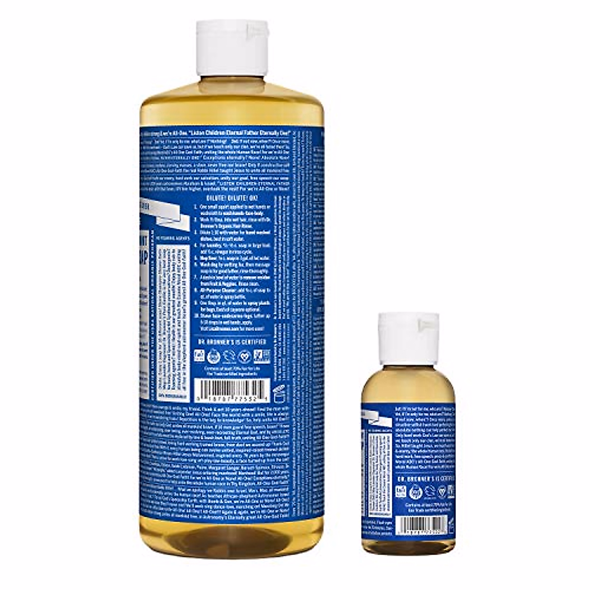 Dr. Bronner's - Pure-Castile Liquid Soap (Peppermint, 32 ounce and 2oz bundle) - Made with Organic Oils, 18-in-1 Uses: Face, Body, Hair, Laundry, Pets and Dishes, Concentrated, Vegan, Non-GMO