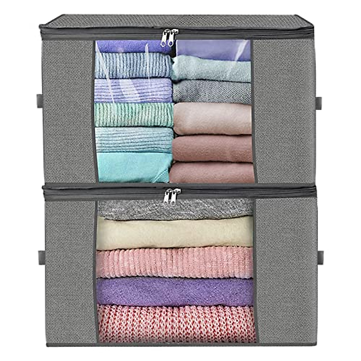Foldable Large Clothes Comforter Soft Storage Bags, Breathable Linen Closet Storage and Organizers for Blankets, with Sturdy Zippers Clear Window, Set of 2 Grey with Printing