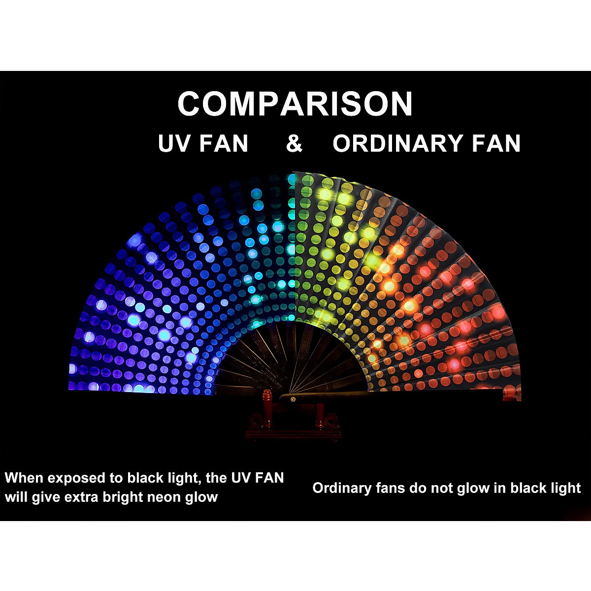 Amajiji UV Glow Rave Folding Hand Fan for Festivals/DragQueen/Burlesque, Large Clack Festival Hand Fan Rave Accessories for WomenWomen/Men (Dj Light)