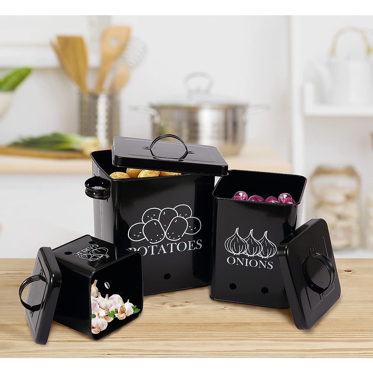 Potato Onion Kitchen Storage Canisters Jars Pots Containers 3 Pack Set - Potatoe, Garlic Bin Caddy, Long Shelf Life With Aerating Tin Storage Holes-Black