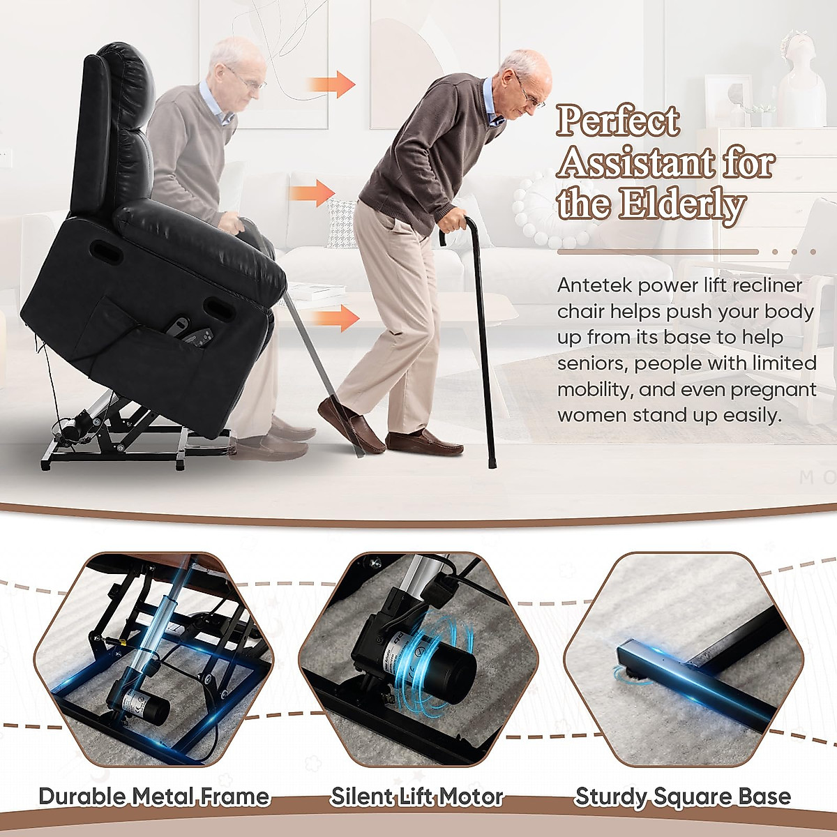 Antetek PU Leather Electric Power Lift Recliner Massage Chair with Heat & Massage for Elderly, Modern Upholstered Reclining Sofa Chair for Living Room Reading Bedroom Home Theater Seating(Black)