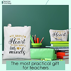 9 Pcs Teachers Appreciation Gifts Christmas Gift Cotton Tote Makeup Bag Teacher Cosmetic Bag with Zipper, Graduation End of Year Apple Keychain Gifts from Students for Teacher