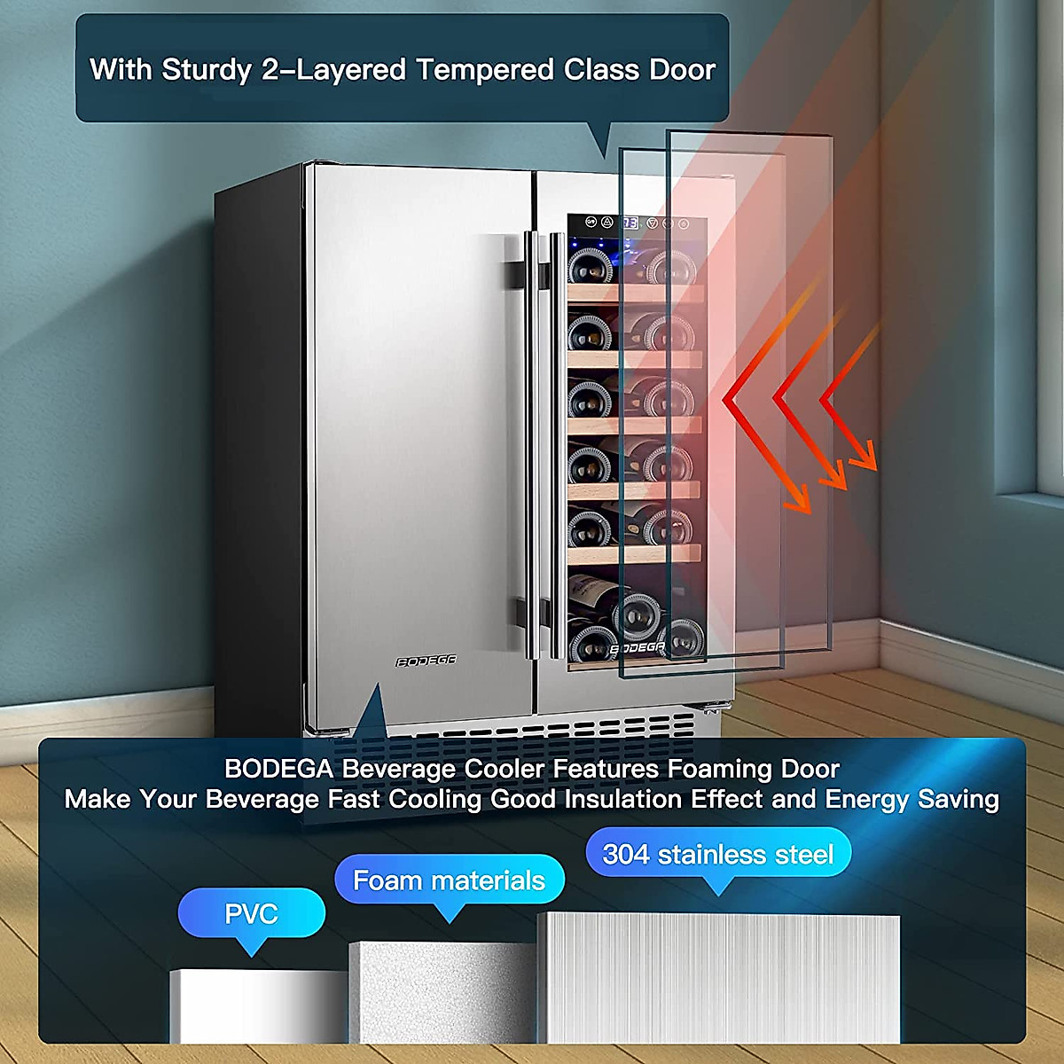 BODEGA 24 Inch Beverage and Wine Cooler, Built-in and Freestanding Wine Beverage Refrigerator Dual Zone, Holds 57 Cans and 18 Bottles, with Independent Temperature Control,Upgraded Compressor Quiet
