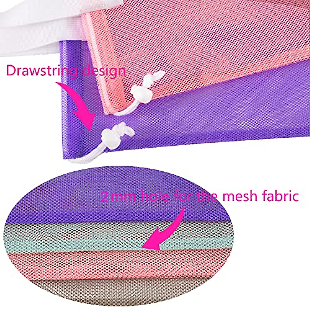 hsmyank Reusable 4Pack Colorful Mesh Beach Tote Bags,Pool Bag With Drawstring For Swim,Gift Or Laundry(WHITE HANDLE)