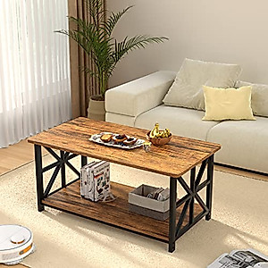 GreenForest Coffee Table with Round Corner, Farmhouse Center Table with 2-Tier Storage Shelf X-Frame Design for Living Room, 39 inch Walnut