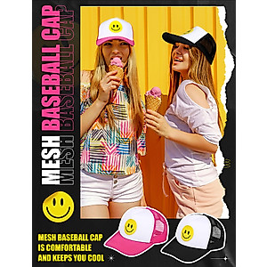Cozypower 2 Pcs Smile Face Baseball Cap Smile Trucker Hat Mesh Adjustable Baseball Cap Retro Preppy Hats for Women(Rose Red, Black, White)