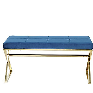 RIDI LEEOKI Modern Dining Room Living Room Green Bench with Stainless Steel and Velvet ottaman(Set of 1) (Blue)