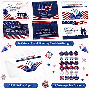 24 Pcs Veterans Day Cards with Envelopes: Veteran Thank You for Your Service Cards with Envelopes & Stickers Special Season Patriotic Appreciation Greeting Cards Bulk Veterans Day Gifts