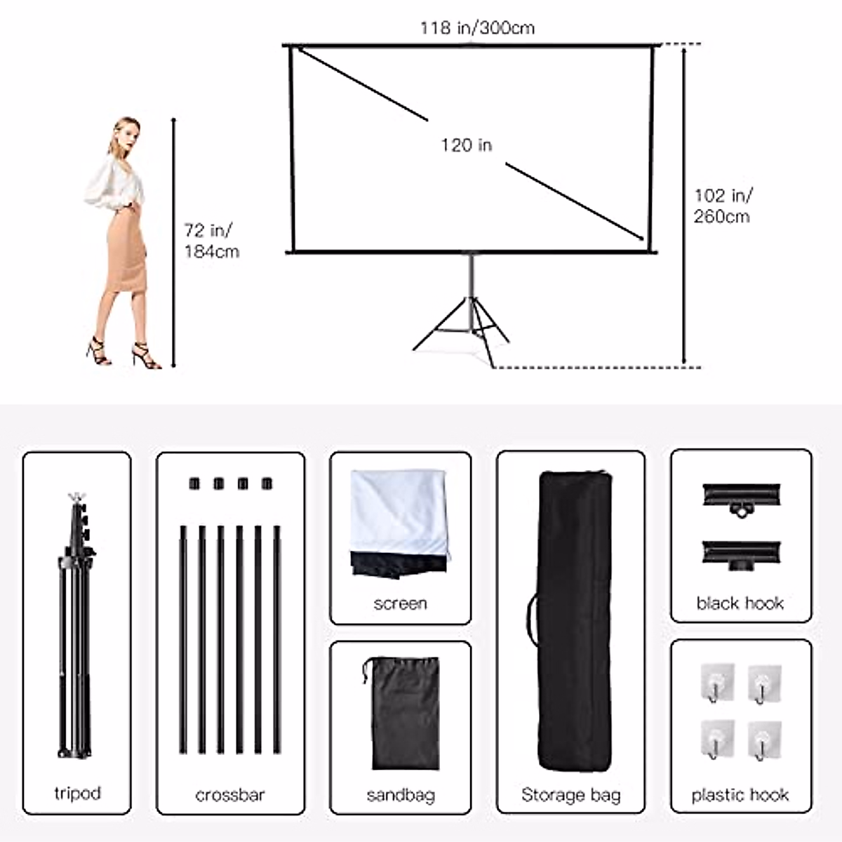 Projection Screen with Stand 120 Inch Portable Projection Screen 16:9 4K HD Rear Projection Movie Screen with Carrying Case for Indoor Outdoor Home Theater Backyard Cinema Travel (120 inch)