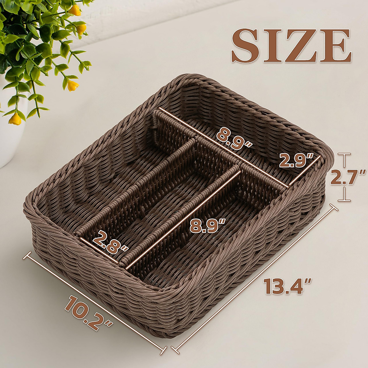 myHomeBody Rectangle Wicker Utensil Holder | Utensil Organizer | Cutlery Organizer for Kitchen Organization | Kitchen Utensil Drawer Organizer Kitchen Accessories | 1 pc, Dark Brown