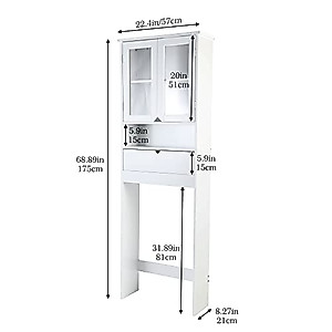 HOME BI Over The Toilet Storage Cabinet, Free Standing Toilet Rack with Drawer and Acrylique Doors for Toilet Shelf (White)