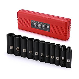 Mayouko 1/2" Drive Deep Impact SAE Socket Set, CR-V, 6 Point, 11 Pieces, 3/8-Inch to 1-Inch