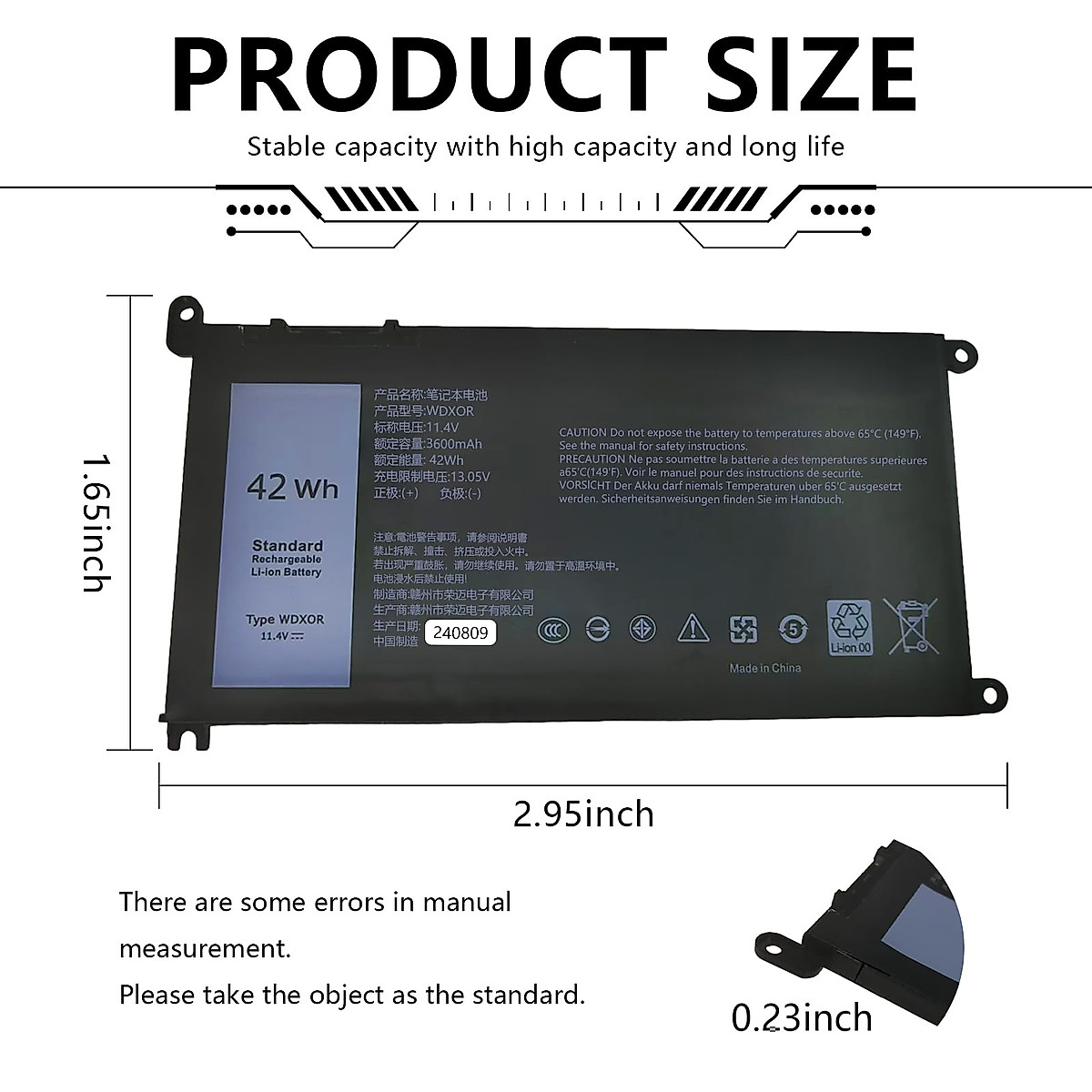 3600mAh 42WH WDXOR Laptop Battery for Dell Inspiron Notebook 13 5368 5378 5379 7368 7378 15 5565 5567 5568 5578 7560 7570 7579 7569 17 5765 5767 5770 Series WDX0R FC92N 3CRH3 High Performance 11.4V