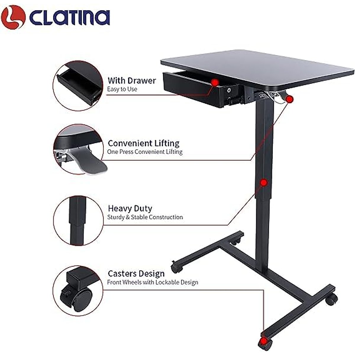 CLATINA Mobile Laptop Desk Adjustable Height Standing Desk Adjust from 30'' to 45.7'' Rolling Cart Ergonomic Table with Drawer