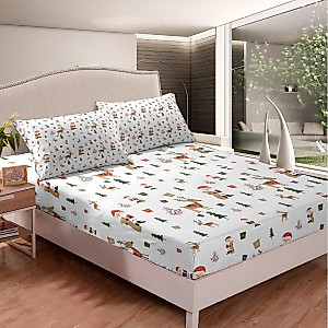Santa Claus Twin Bed Sheets for Girls Boys Kids Merry Christmas Fitted Sheet Happy New Year Xmas Bed Set Christmas Elk Tree Snowflake Bedding Set Christmas Themed Bedding 2 Piece