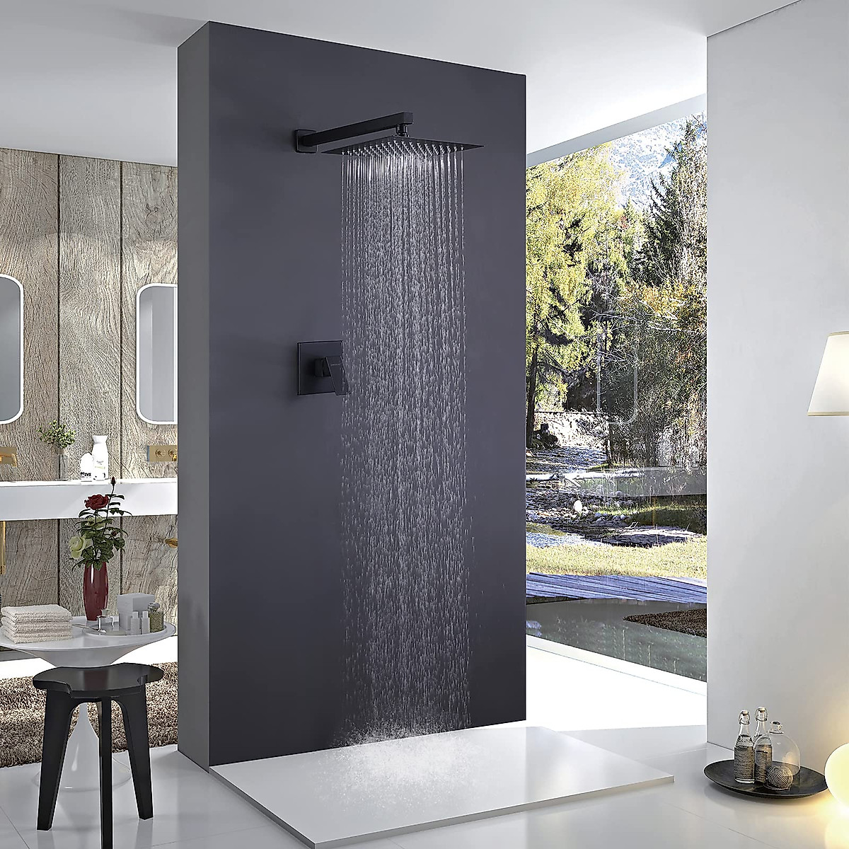 RBROHANT Black Shower Head and Handle Set, Matte Black Rain Shower Head with Valve Set, 10 Inch Overhead Shower Head Sets for Bathroom with Rough-in Valve, Wall Mounted, RB0785