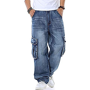 Yeokou Men's Casual Loose Hip Hop Denim Work Pants Jeans with Cargo Pockets(LightBlue-34)