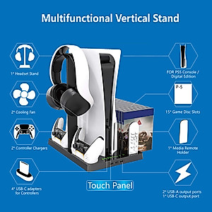 Vertical Stand with Headset Holder and Cooling Fan Base for PS5 Slim Console & Playstation 5 Accessories, Controller Charging Station Charger Dock for Disc Digital Edition, Game Slot Remote Organizer