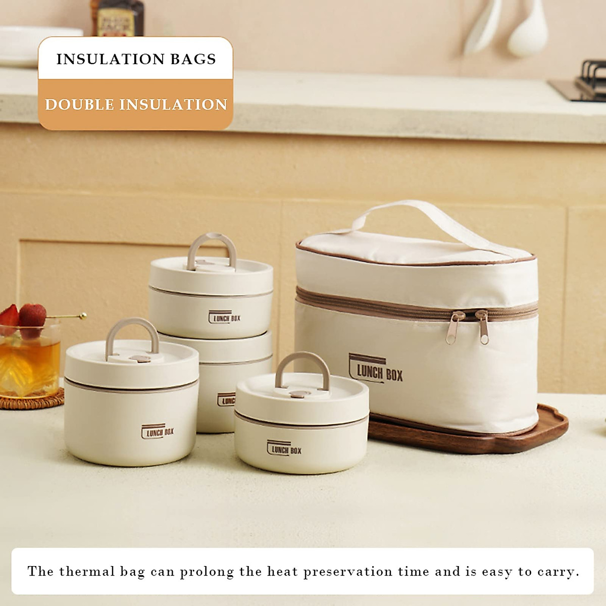 Keweis Bento Box Adult Lunch Box Set, Portable Insulated Lunch Containers with Thermal Bag, Stackable Stainless Steel Leakproof Food Containers for Adults Teens Kids, Set of 4, 68 Oz