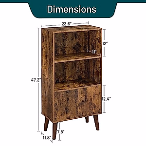 Wonder Comfort Wood 3-Tier Bookshelf with 1 Door and 2 Open Shelves, Mid-Century Rustic Brown Bookcase for Books and Decorations in Living Room Office Bedroom,24 W x 12 D x 47 H Inch