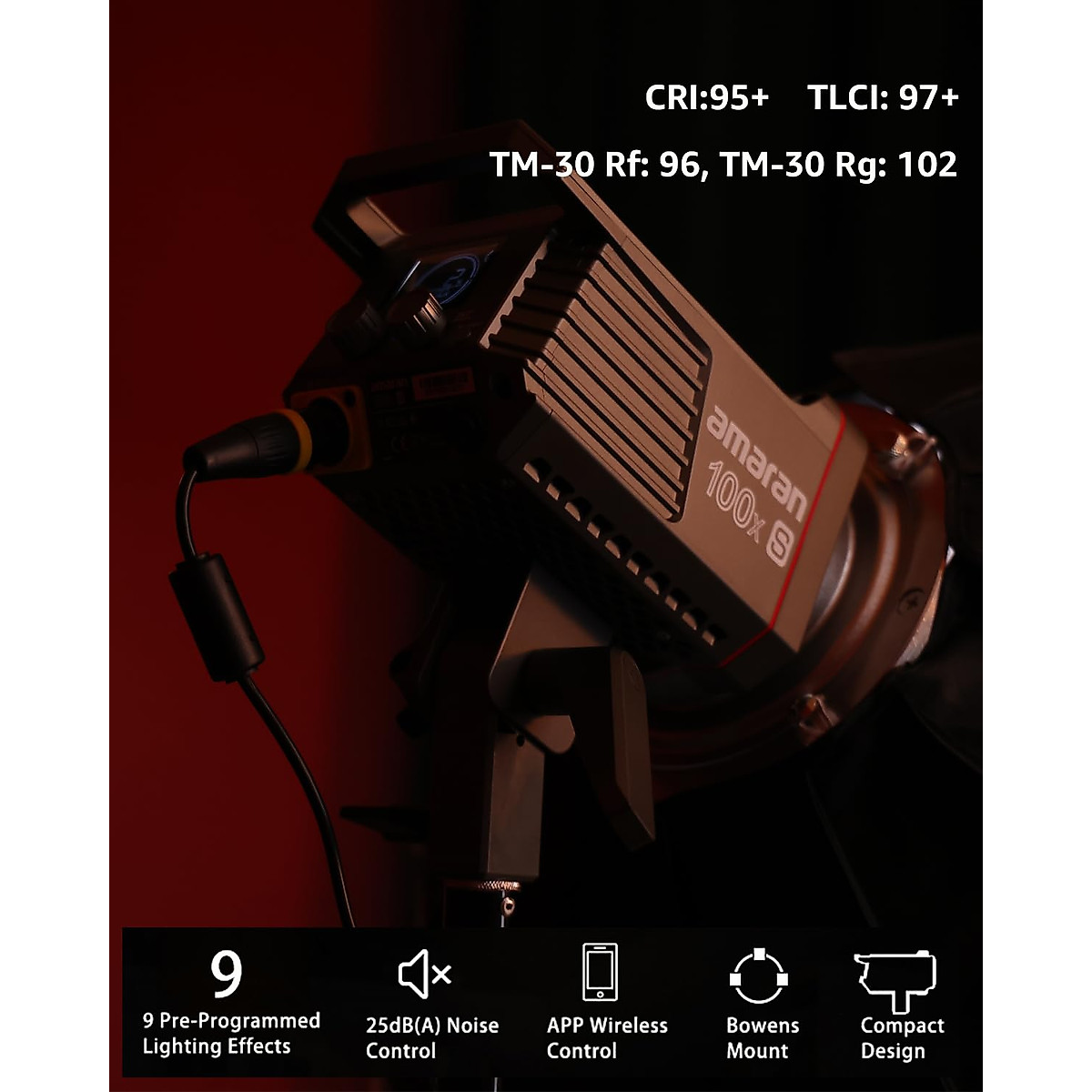 Amaran 100x Upgrade,amaran 100xs Bi-Color LED Video Light 130W 2700-6500k Bluetooth App Control 9 Built-in Lighting Effects DC/AC Power Supply Ultra Silent Fan