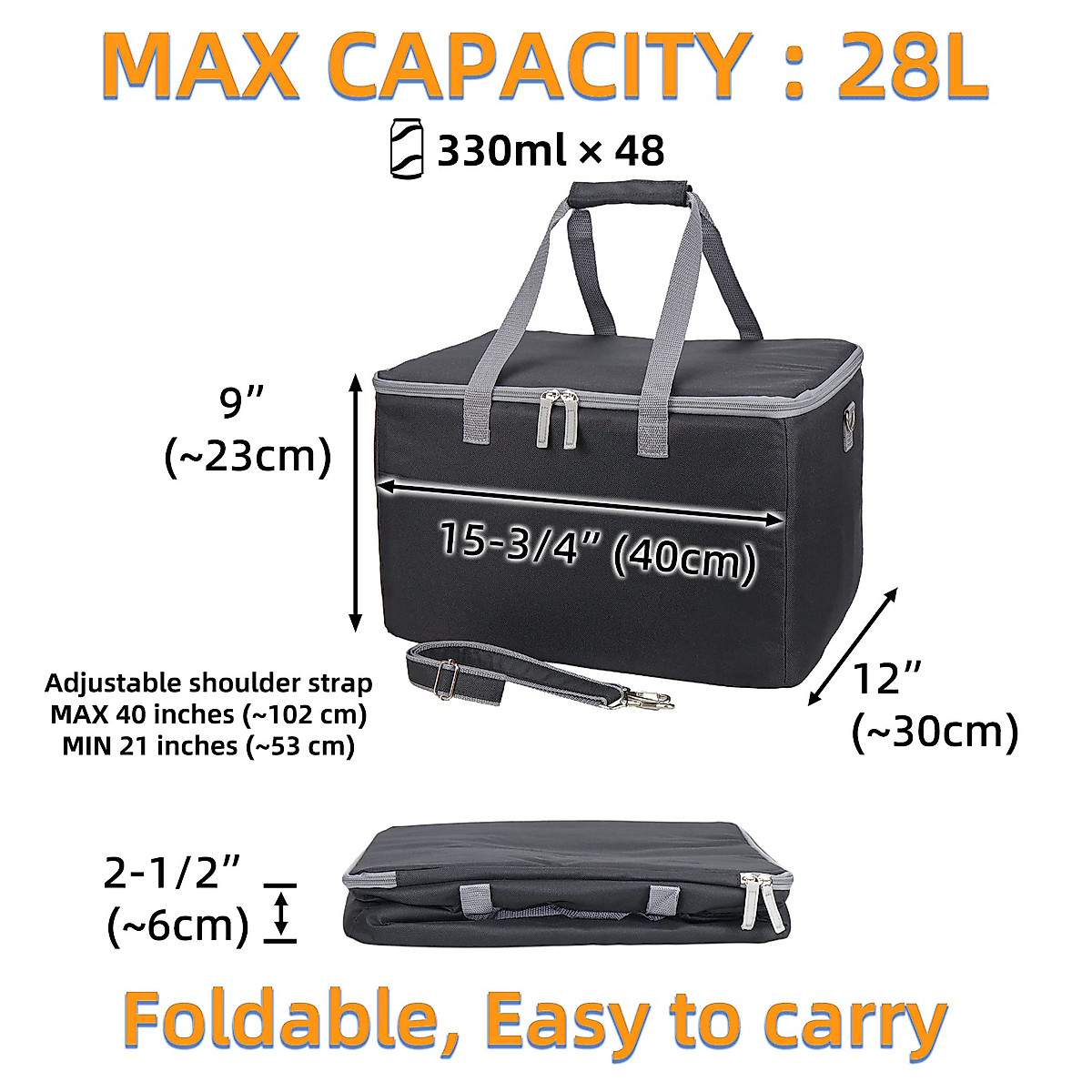 RRvane Insulated Cooler Bag, Leakproof Reusable Grocery Shopping Bag with Double Zippers and Detachable Shoulder Strap, 28L (Black)