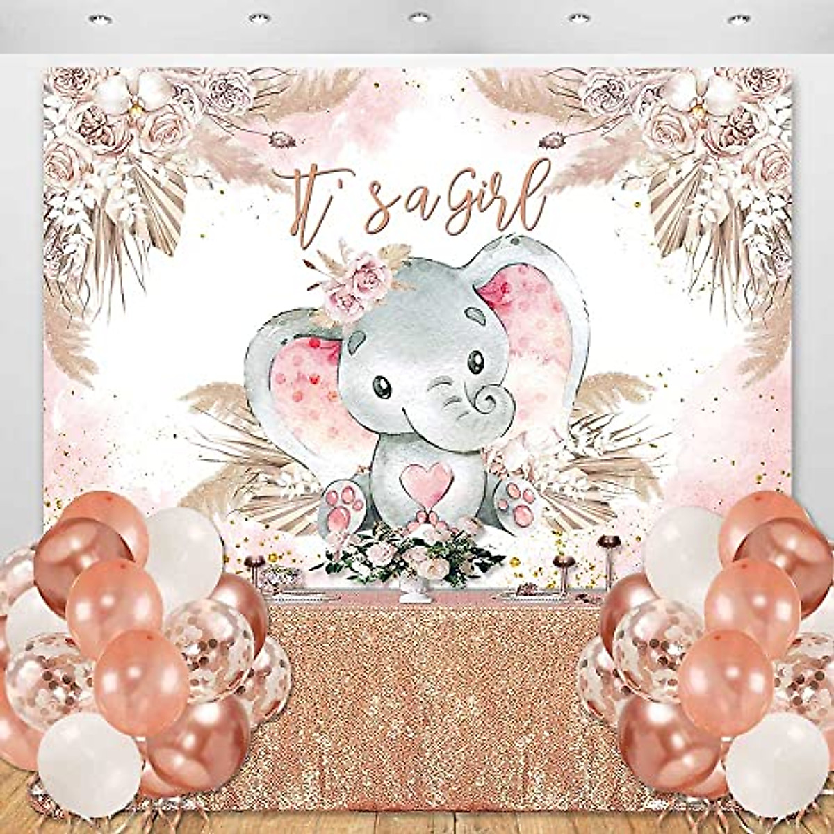Sensfun Boho Elephant Baby Shower Backdrop for Girl Blush Pink Pampas Grass It's a Girl Elephant Little Peanut Baby Shower Decorations Photography Background Cake Table Photoshoot Props 7x5ft