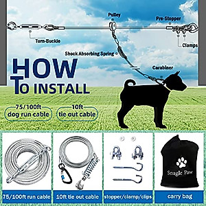 Snagle Paw Dog Tie Out Runner for Yard,Trolley System for Large Dogs, Dog Zipline Aerial Tie Out Cable with 10ft Pulley Runner Line for Dogs Up to 125lbs for Yard or Camping,100ft